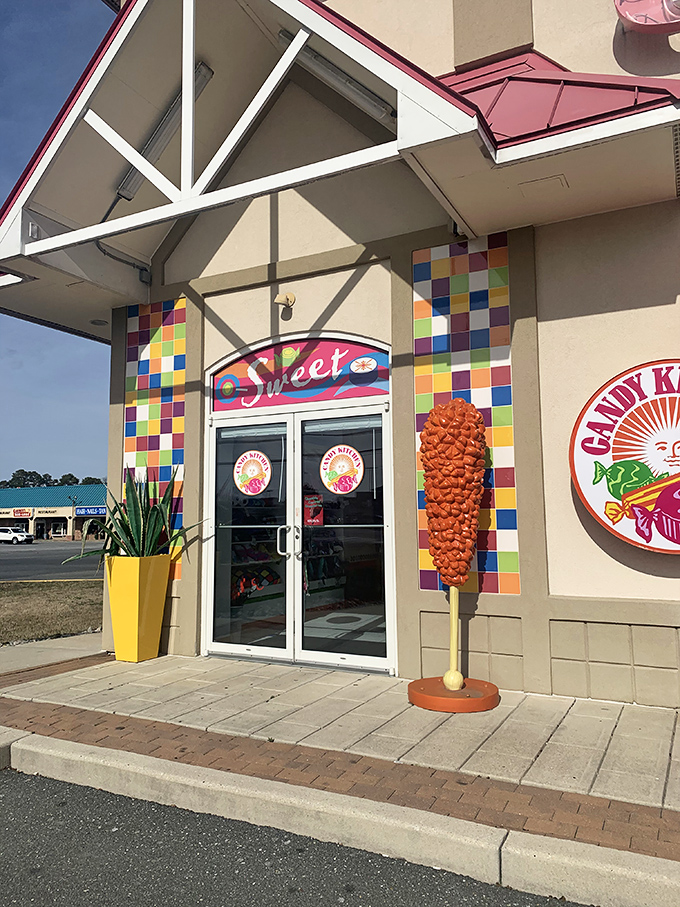 Colorful tiles frame the entrance like a portal to Candyland. That giant carrot sculpture? Just a token vegetable to ease parental guilt.