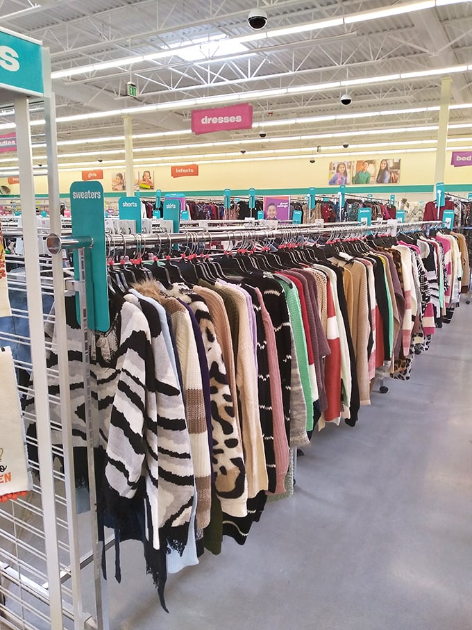 The sweater section&mdash;a rainbow of knits where fashion meets function and your credit card remains surprisingly calm.