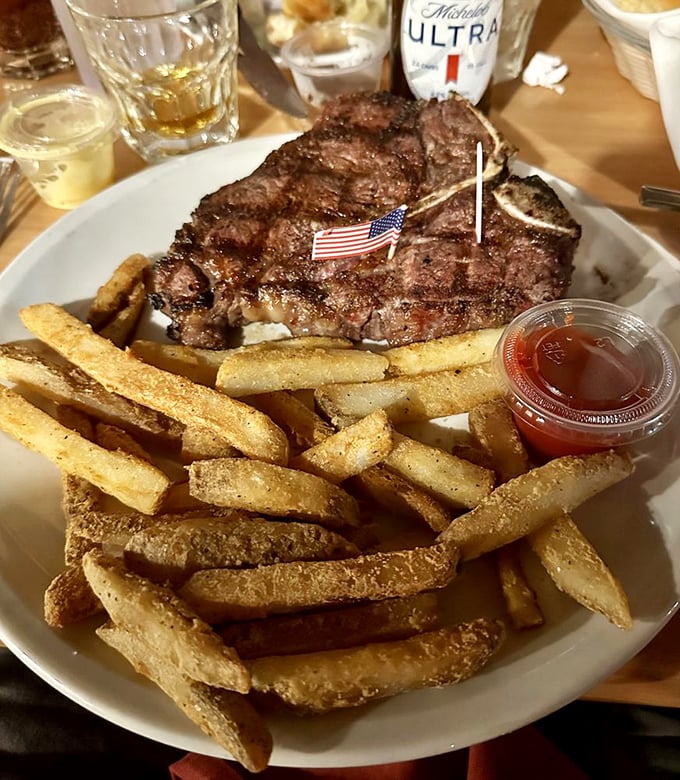 A T-bone with a supporting cast of golden fries&mdash;the dynamic duo that's been making mouths happy since time immemorial.
