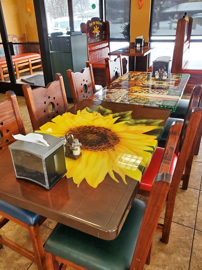Sunflower tables that brighten even the cloudiest Idaho day. Somehow, food tastes better when served with this much cheerful personality.