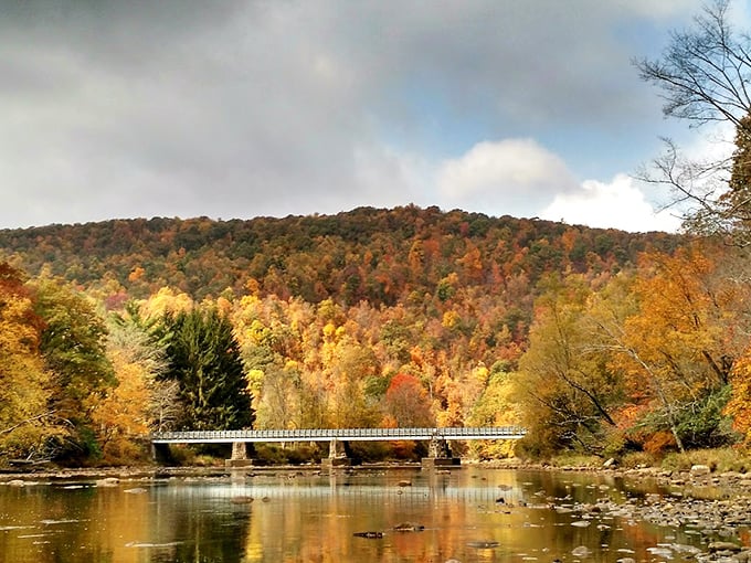 Fall foliage reflected in the river creates nature's perfect mirror. That bridge isn't just crossing water&mdash;it's connecting past and present in spectacular technicolor.