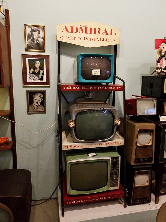 Admiral TVs stacked like a technological timeline. Before Netflix and chill, there was "adjust the antenna and sit still."