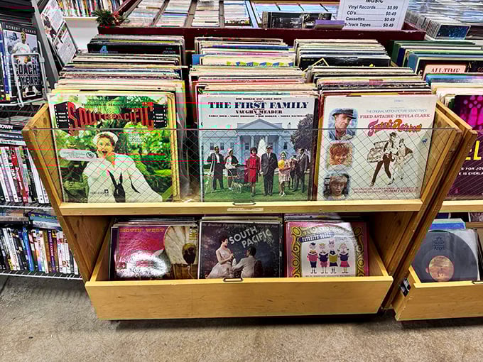 Vinyl records standing at attention&mdash;The First Family album front and center, proving politics and nostalgia have always been strange bedfellows.