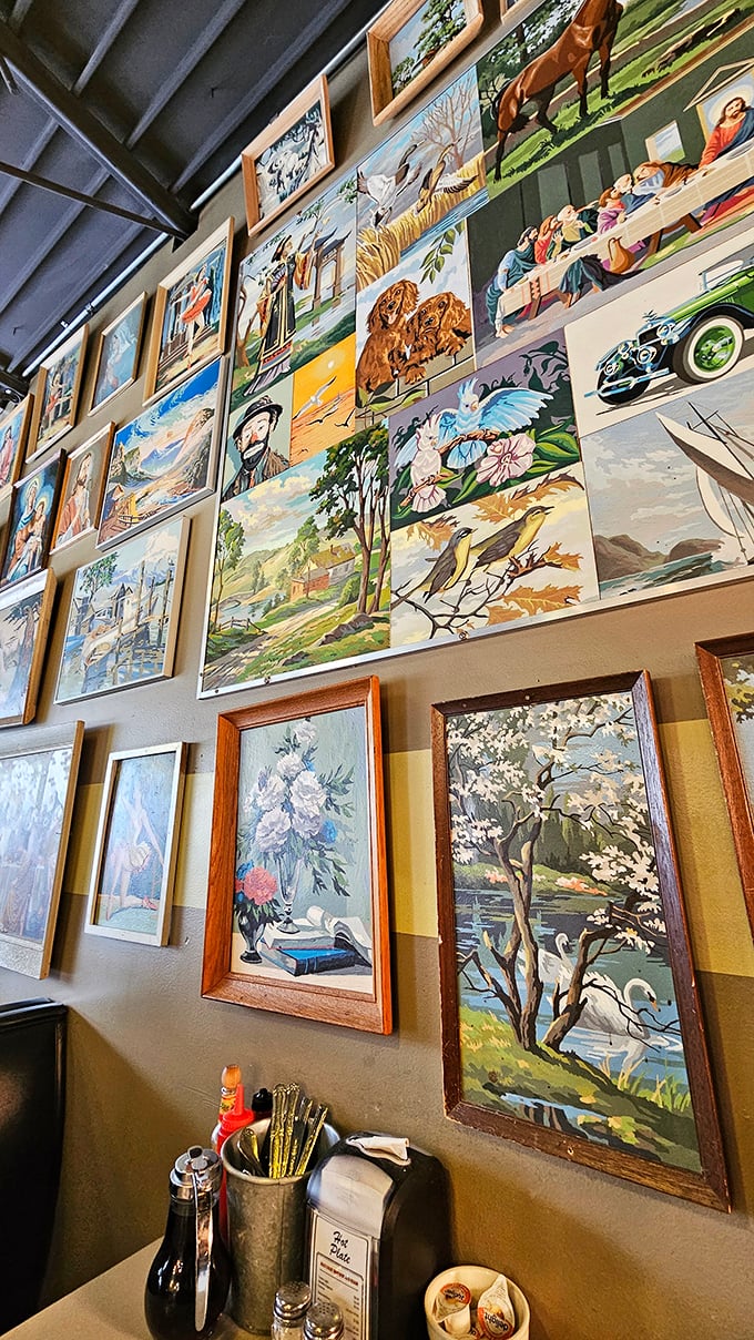 A gallery wall that puts most museums to shame. Each painting tells a story—none of them about calorie counting.
