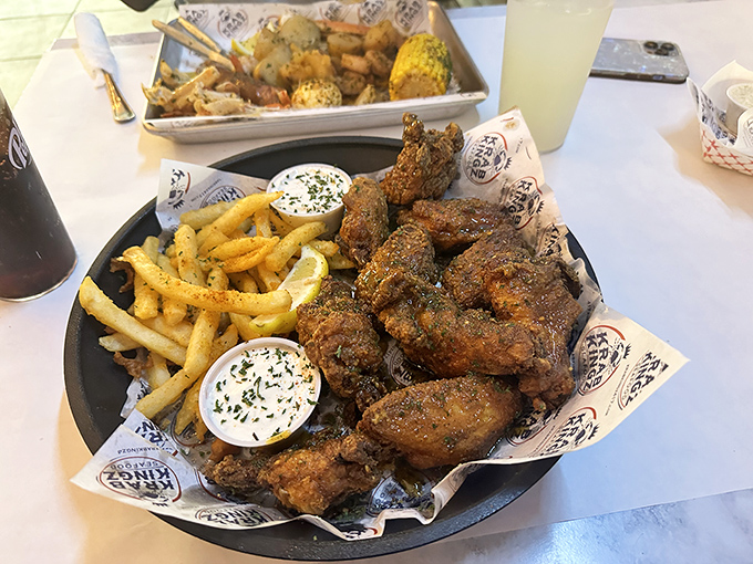 Crispy wings and crawfish create the perfect surf-and-turf alternative for those who prefer their protein bite-sized and flavor-packed.