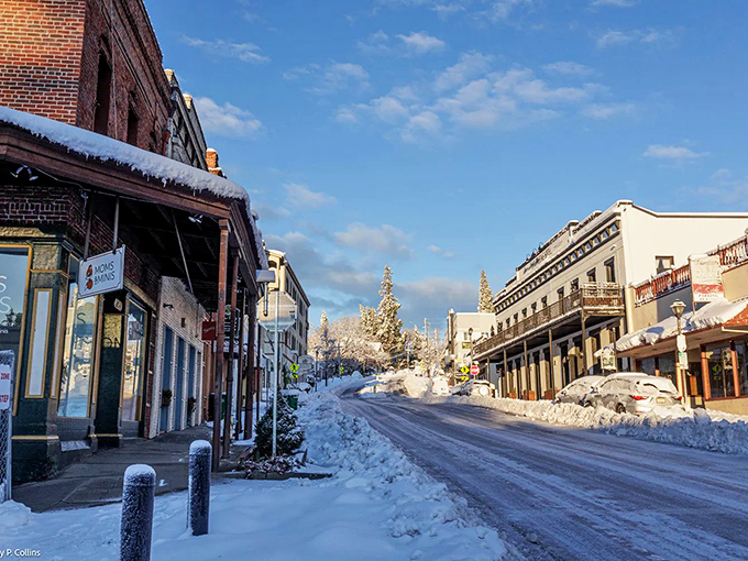 Winter blankets Mill Street in pristine white, transforming the Gold Rush architecture into a scene worthy of the best holiday cards.