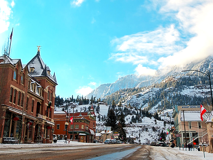 Main Street in winter reveals Ouray's dual personality &ndash; a cozy mountain refuge when snow blankets its Victorian architecture.