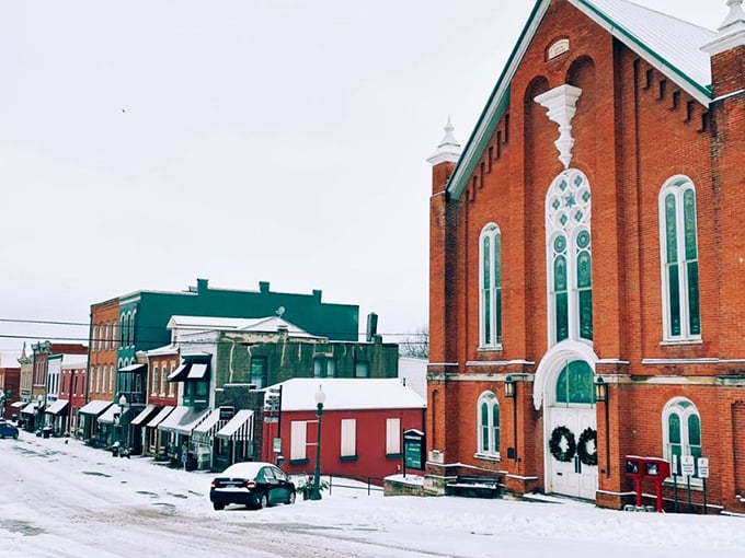 Winter blankets Weston in quiet dignity. The brick buildings and church steeple stand sentinel against the snow, like a Currier and Ives print.