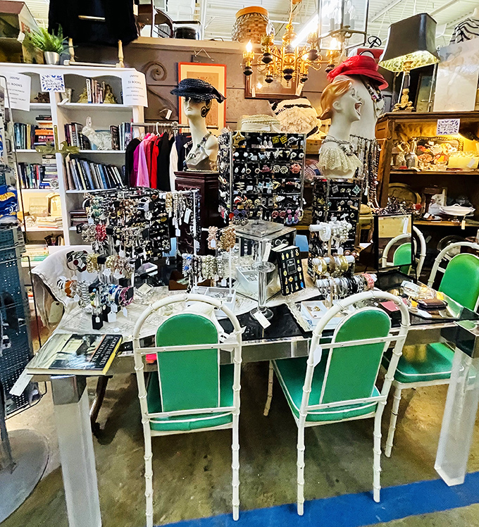 Jewelry displays where someone else's discarded accessories await their second act as your newest conversation starter.