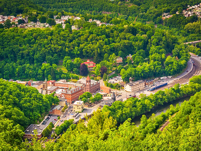 From above, Jim Thorpe reveals its perfect nestling in Pennsylvania's verdant mountains—a town that found the sweet spot between civilization and wilderness.