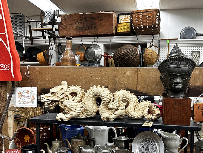 Eastern treasures nestled among Americana. That dragon sculpture has journeyed farther than most of us ever will.