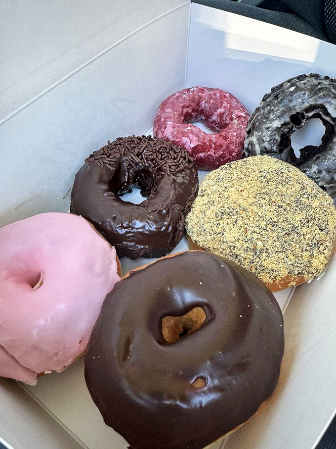 A box of donuts is like a color wheel of happiness &ndash; each shade representing a different pathway to momentary bliss.