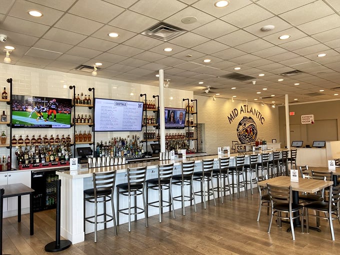 The bar area proves Mid Atlantic isn't just about takeout &ndash; it's a place where seafood stories are shared over properly poured drinks.