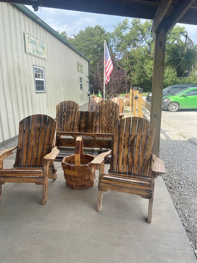 These wooden chairs are practically begging you to sit down with a slice of pecan pie. The American flag stands guard over simple pleasures.