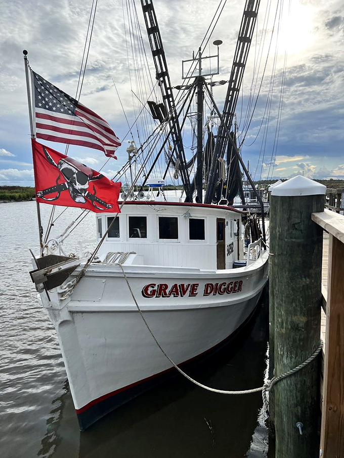 The aptly named "Grave Digger" fishing vessel—where tomorrow's catch is still swimming, blissfully unaware of its delicious destiny.