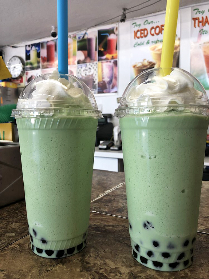 Boba tea with whipped cream peaks like the Arizona mountains. A refreshing oasis in the desert heat.
