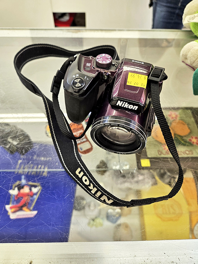 A purple Nikon camera waits behind glass, ready to capture new memories after preserving someone else's special moments.