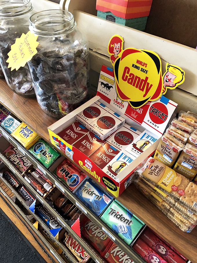 Old-fashioned candy display that triggers instant childhood flashbacks. Nostalgia has never been so deliciously packaged and reasonably priced.