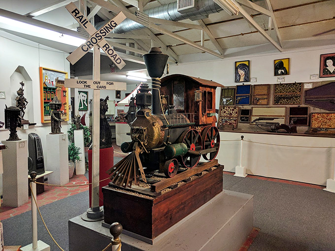 All aboard the imagination express! This locomotive sculpture shows how Solomon transformed industrial castoffs into whimsical works of mechanical art.
