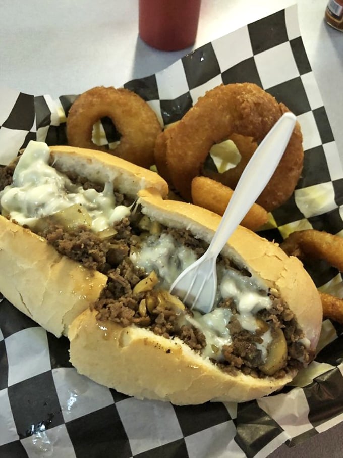 The classic cheesesteak with onion rings &ndash; a combination that should be prescribed by doctors for whatever ails you. Soul medicine at its finest.