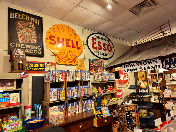 Vintage signs from America's golden age of advertising create a time-capsule effect &ndash; Shell and Esso logos watching over jelly beans and gummies.