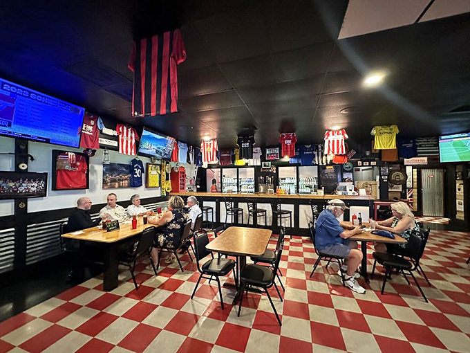 The checkered floor sets the stage for diners enjoying a taste of Britain without the transatlantic flight or rainy weather.