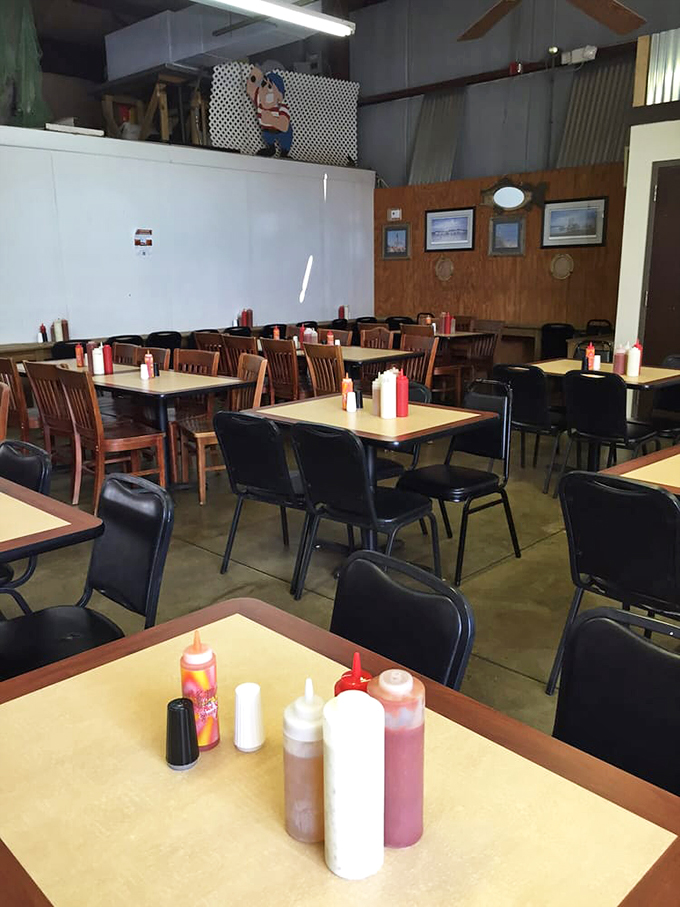 The dining room before the storm. Those condiment bottles stand ready for duty, like little soldiers in the delicious battle ahead.