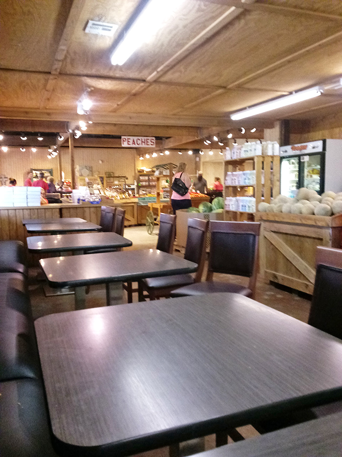 Simple tables await your feast. In the background, shoppers hunt for treasures while you contemplate ordering seconds. (You should definitely order seconds.)