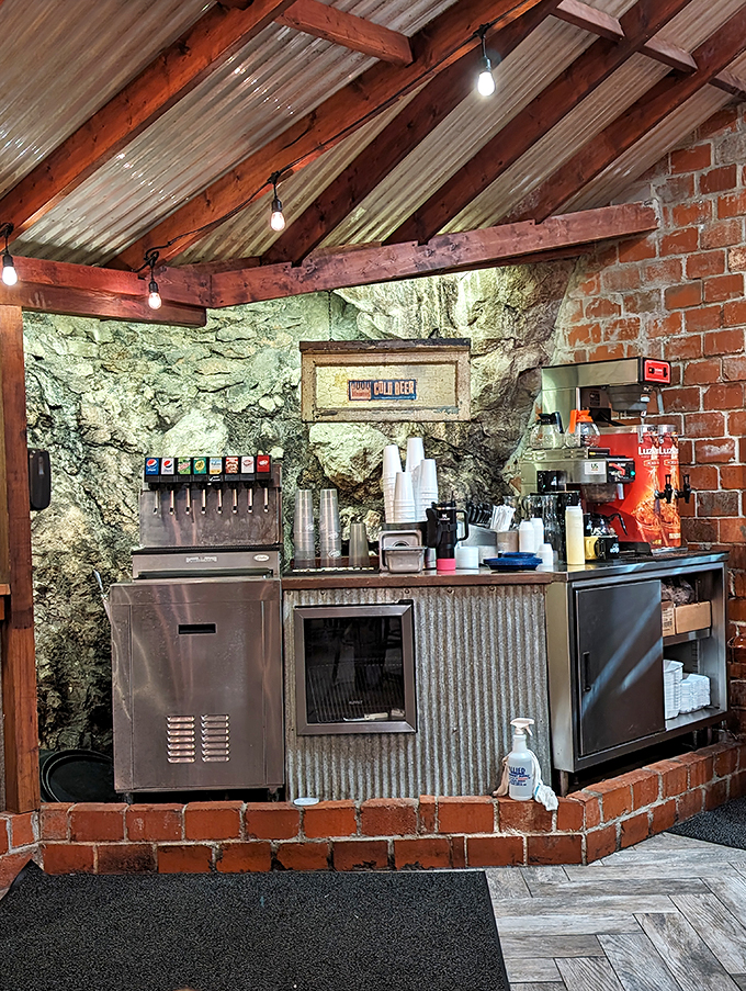 Where your soda comes with a side of stalactites. The drink station incorporates the cliff face, making even a refill feel like an expedition.