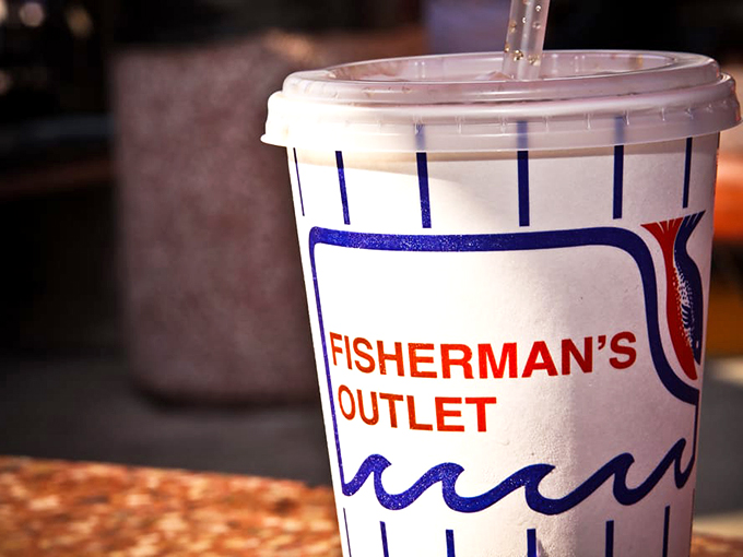 Even the cups have personality. Sipping from this branded vessel means you're part of the Fisherman's Outlet club &ndash; membership has its privileges.
