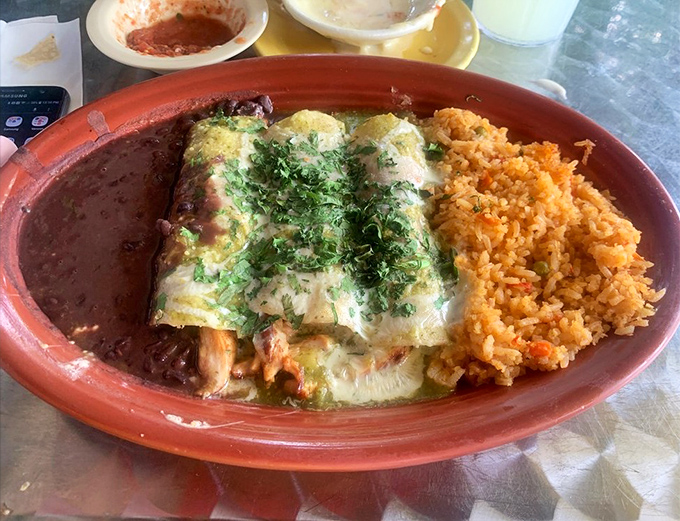 These enchiladas wear their sauce and melted cheese like designer clothing. The cilantro garnish isn't decoration&mdash;it's the exclamation point on a delicious sentence.