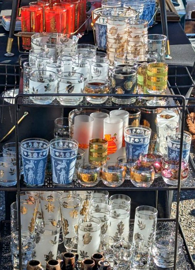Mid-century glassware that would make Don Draper reach for his wallet. Those blue tumblers practically demand to be filled with something strong!
