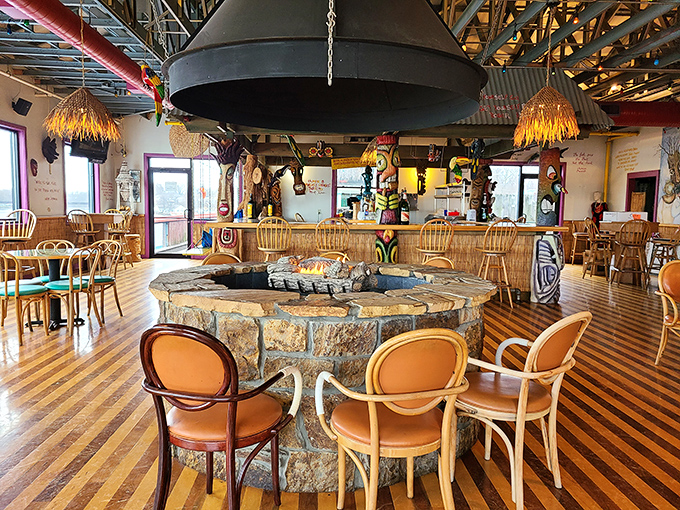 The circular firepit isn't just for warmth &ndash; it's where seafood stories get better with each telling. Tall tales welcome.