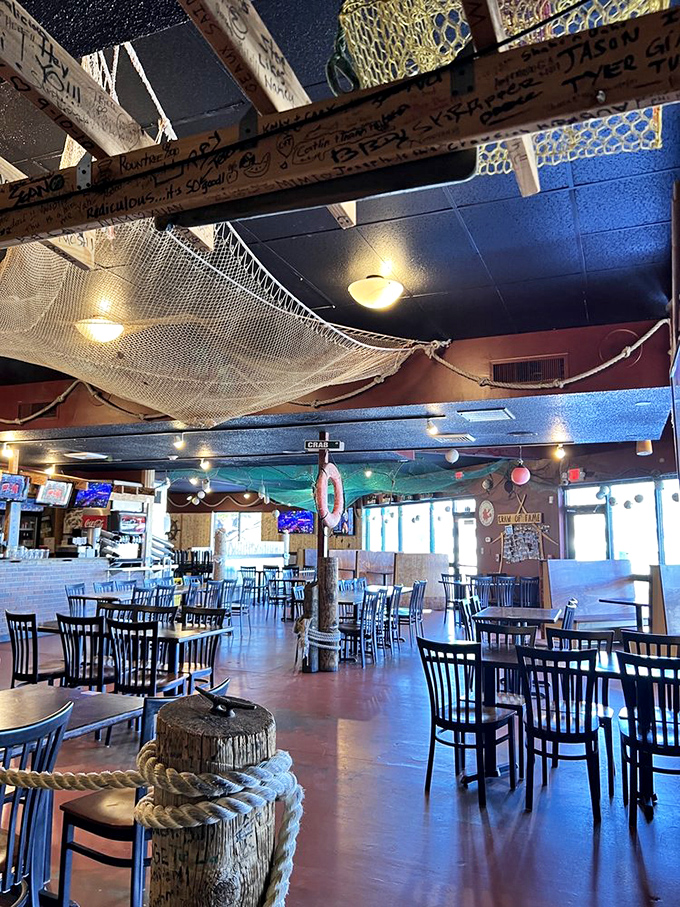 Fishing nets and wooden beams create an atmosphere that's nautical without being kitschy. Like being on a boat without the seasickness&mdash;just the good parts.