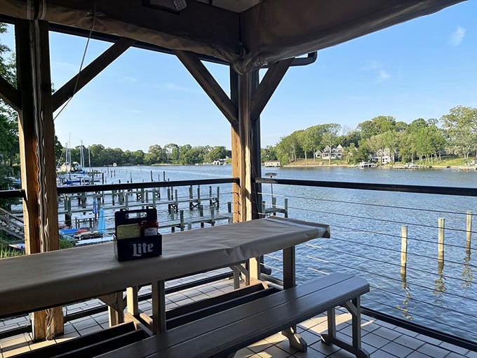 A view that improves everything&mdash;especially that cold beer waiting patiently for its crab cake companion.