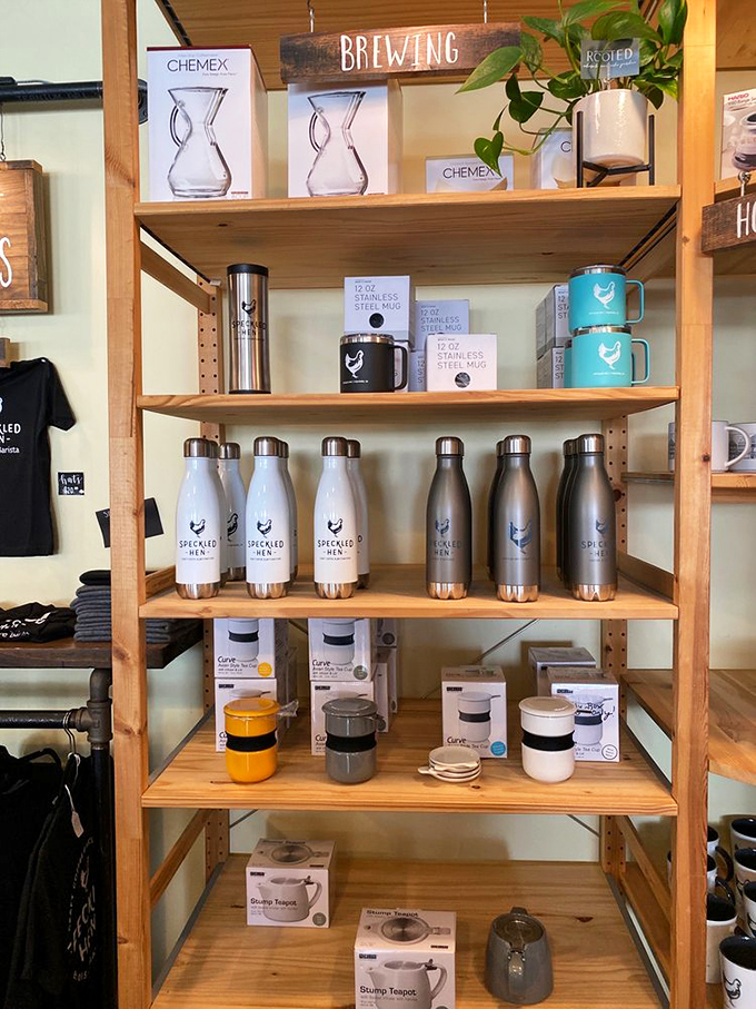 Merchandise that lets you take the Speckled Hen experience home. Those stainless steel bottles will keep your coffee hot and your status cool.