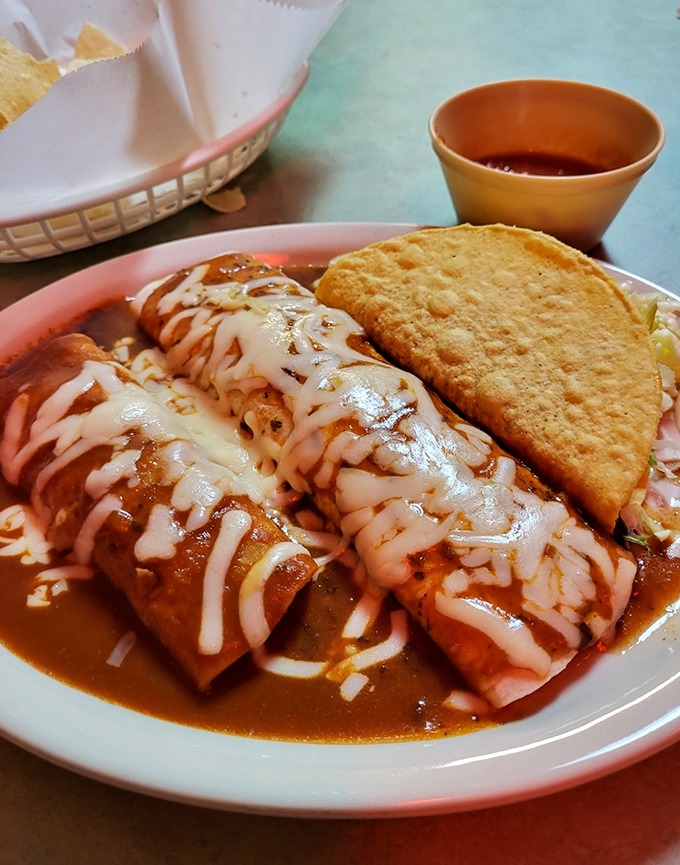 These enchiladas aren't just lying there&mdash;they're posing, showing off their saucy personalities and cheesy good looks alongside their crispy taco companion.