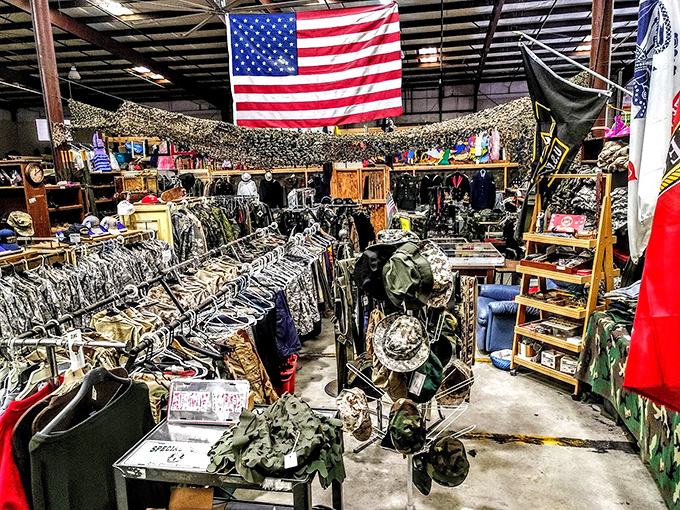 The military section stands at attention under Old Glory, a patriotic corner where surplus finds new purpose in civilian hands.