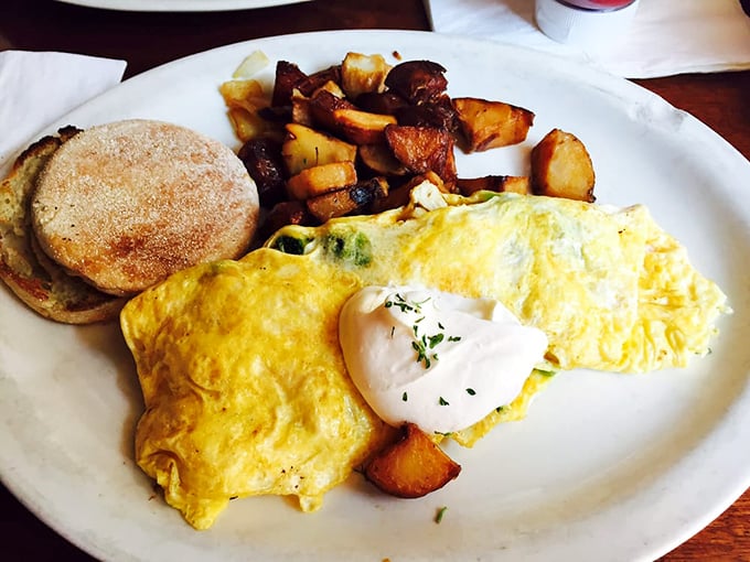 An omelette so perfectly executed it deserves its own Instagram account. That dollop of sour cream is the chef's kiss on a breakfast masterpiece.