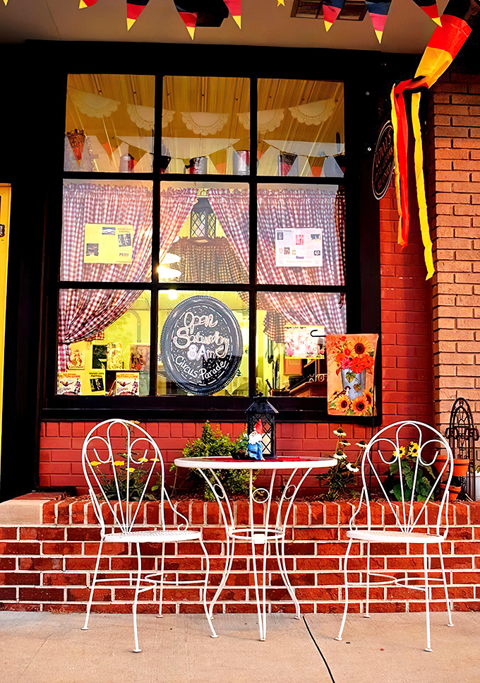The storefront's charming caf&eacute; table invites you to linger with your treasures rather than rushing back to reality.