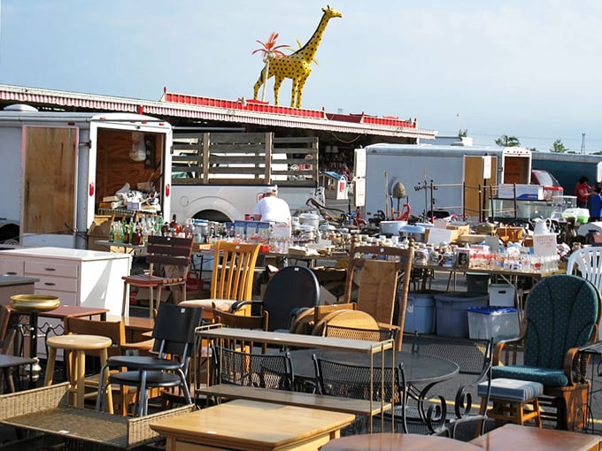 The giraffe standing sentinel over a sea of furniture finds is the unofficial mascot of "yes, this will definitely fit in my living room."