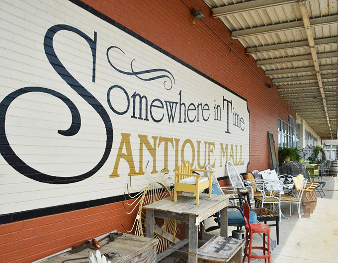 The exterior wall showcases the mall's personality&mdash;and some outdoor furniture that's weathered enough to have character, not just age.