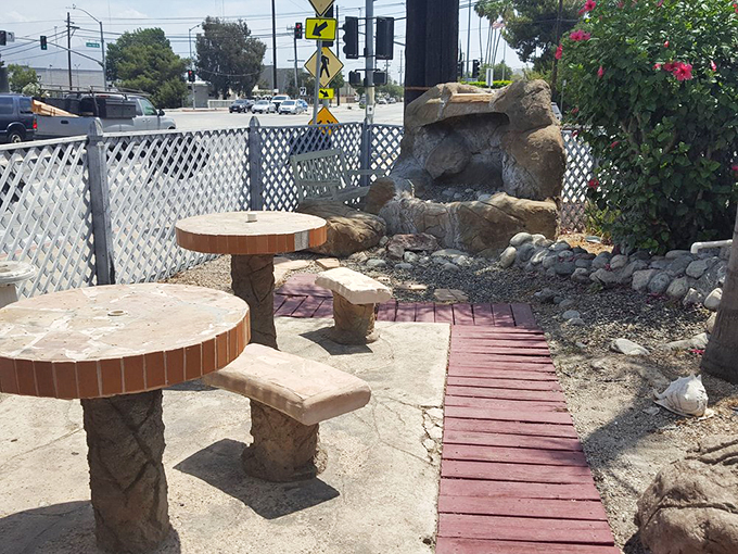 Stone tables outside offer al fresco dining with a side of California sunshine. A little oasis for enjoying your seafood in the open air.