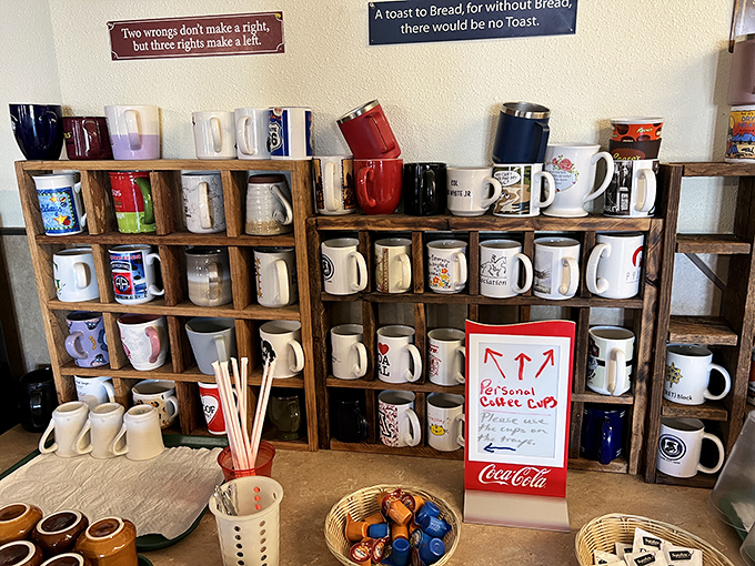 The personal coffee cup collection isn't just charming&mdash;it's a caffeinated community bulletin board where regulars stake their claim one mug at a time.