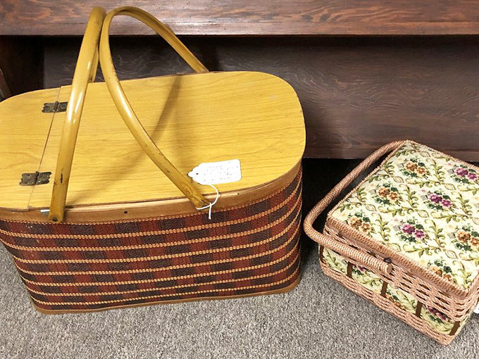 Picnic baskets from an era when outdoor dining was an event, not just takeout on a blanket. Romance in woven form.
