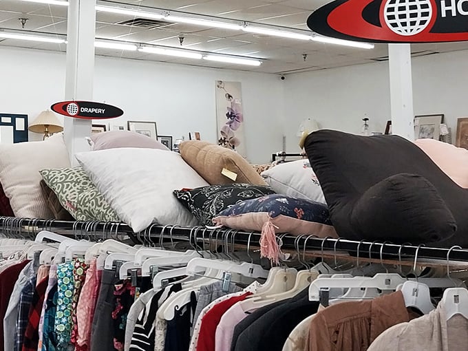 Pillows perch above clothing racks like clouds in a thrifter's heaven, promising comfort without the department store sticker shock.