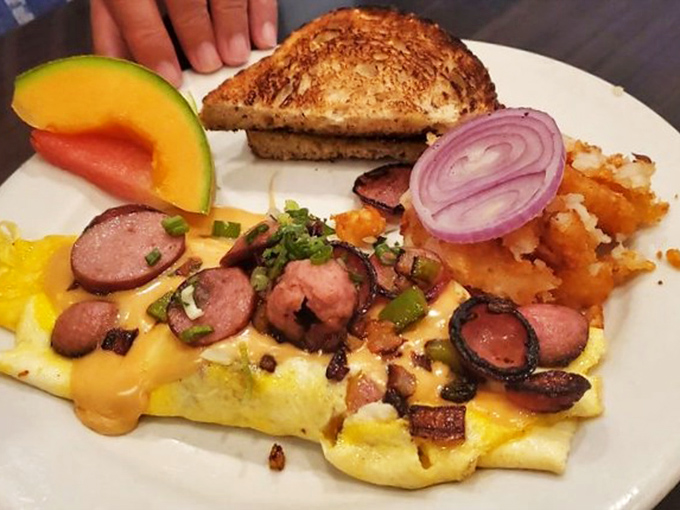 This Polish omelet with kielbasa isn't just breakfast—it's an international incident of deliciousness. The melted cheese forms a perfect diplomatic alliance.