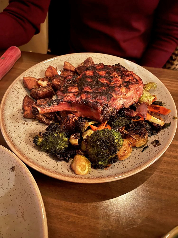 This pork chop didn't just show up&mdash;it made an entrance. Accompanied by roasted vegetables that refused to be merely side characters.