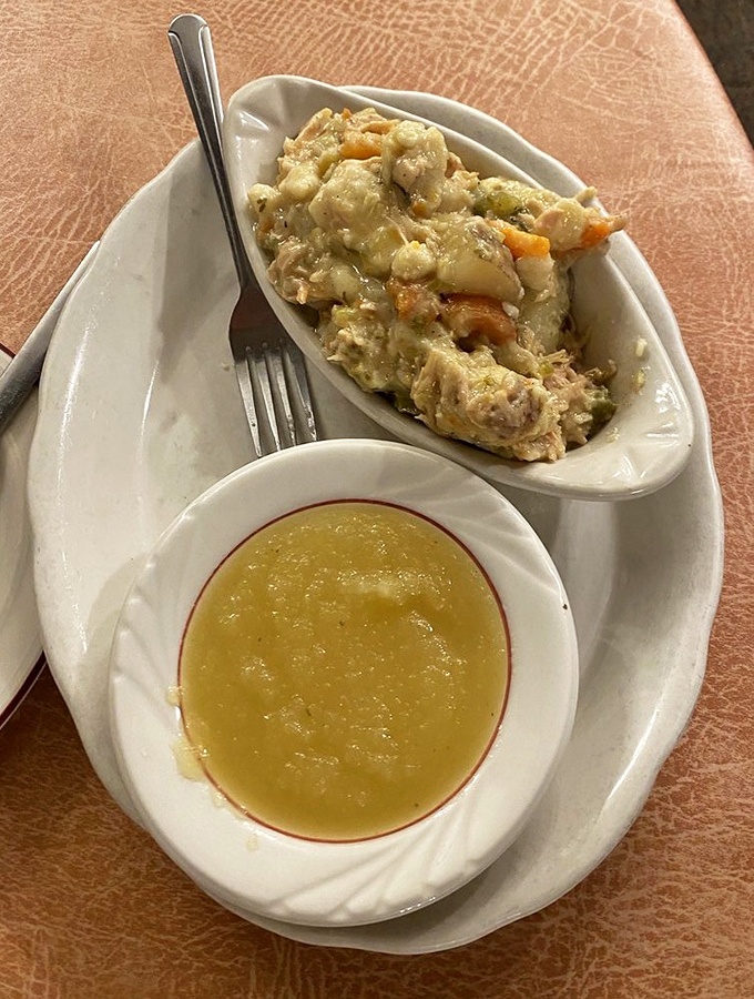 This chicken pot pie with its side of applesauce represents the pinnacle of Pennsylvania Dutch comfort food—simple, hearty, and utterly satisfying.