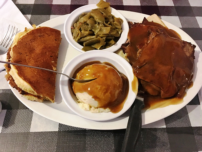 This plate tells Kentucky's comfort food story: roast beef, cornbread, mashed potatoes, and green beans&mdash;a quartet playing perfect harmony on your taste buds.